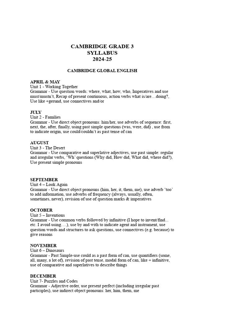 Cambridge Grade 3 English Syllabus 2024-25 | PDF | Adjective | Verb