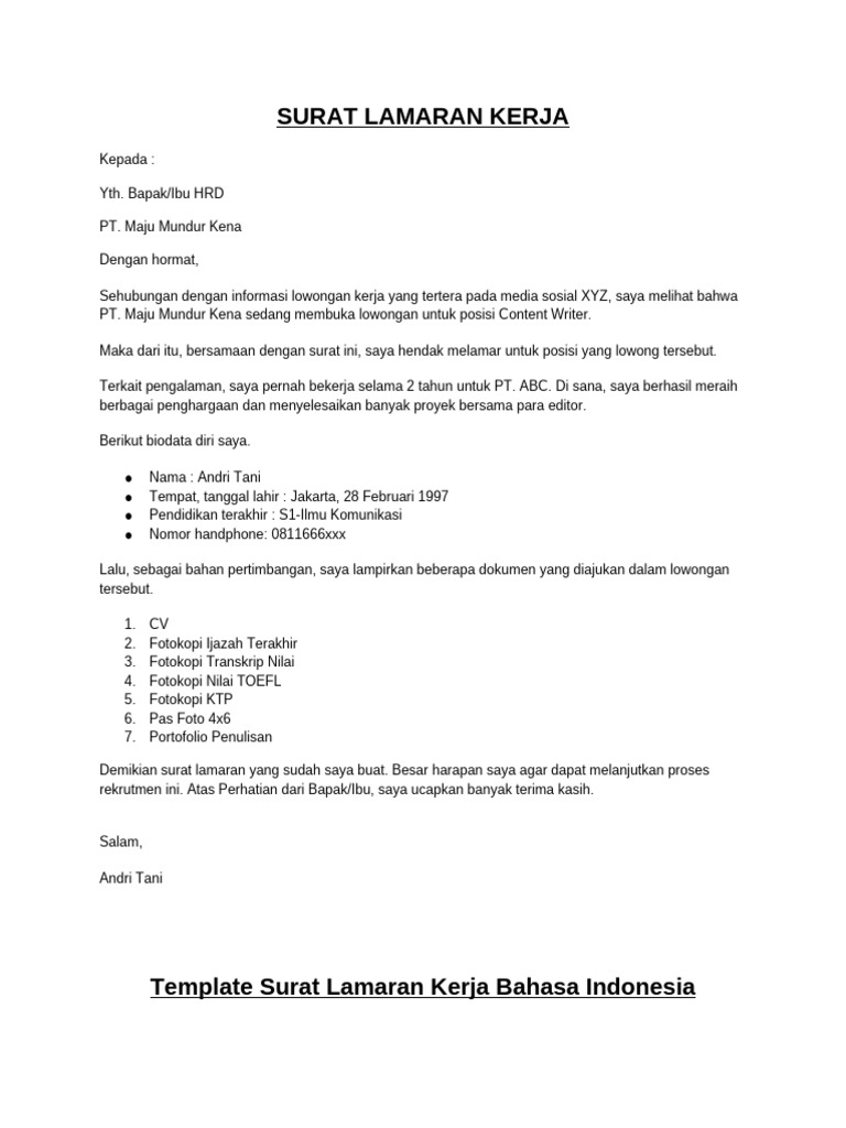 Contoh Surat Lamaran Kerja Formal | PDF