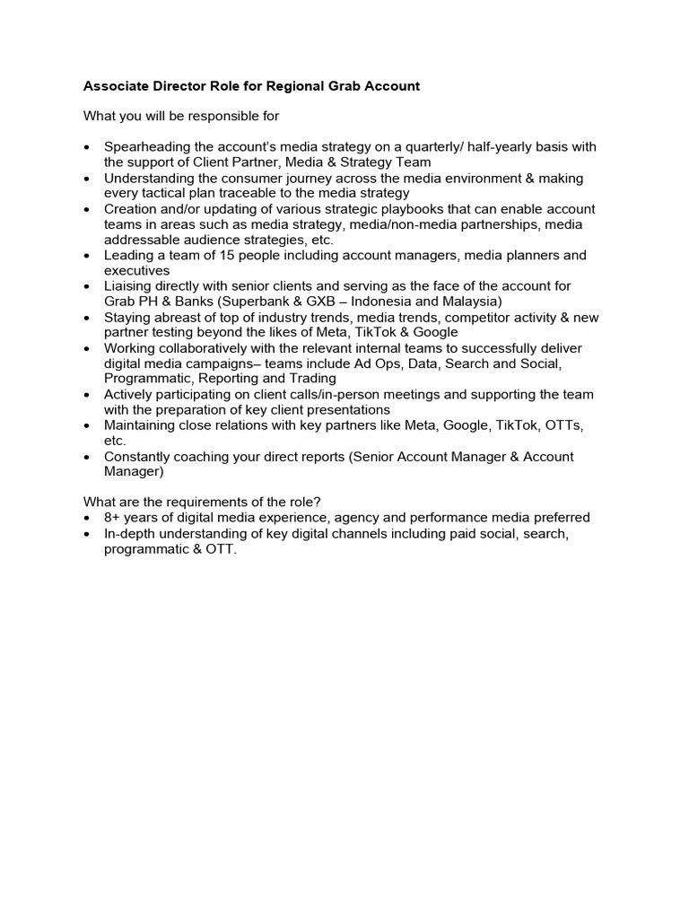 Associate Director Role For Regional Grab Account | PDF | Business