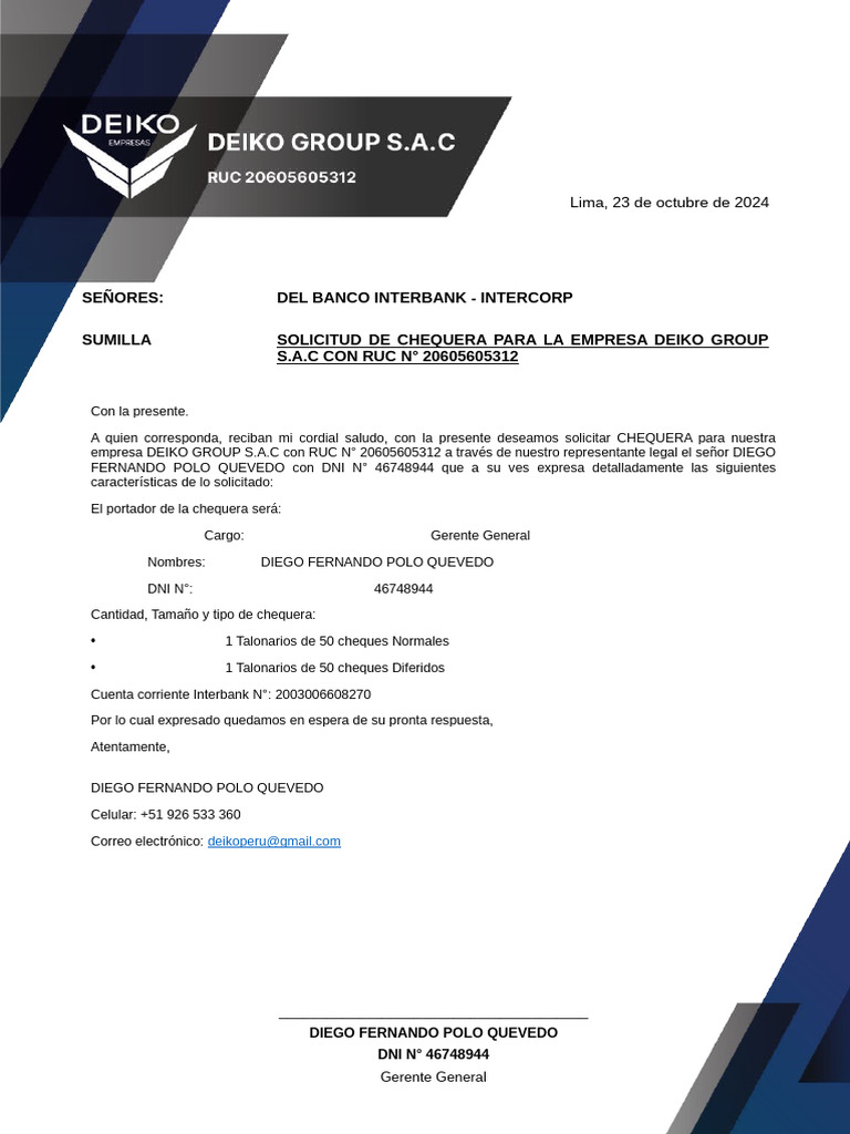 Carta de Solicitud de Chequera | PDF
