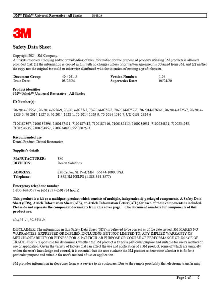 SDS 3m Filtek | PDF | Waste | Hazards