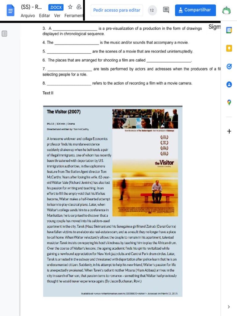 (SS) - Reading Exercise - Movies - Docx - Documentos Google | PDF