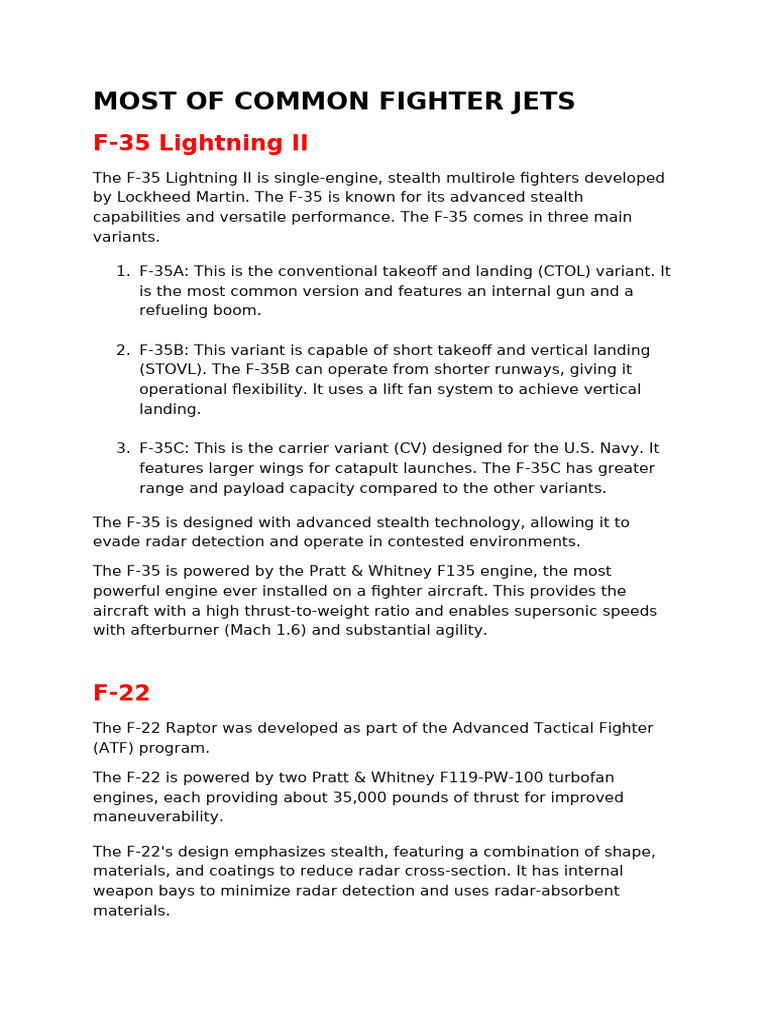 MOST OF COMMON FIGHTER JETS | PDF