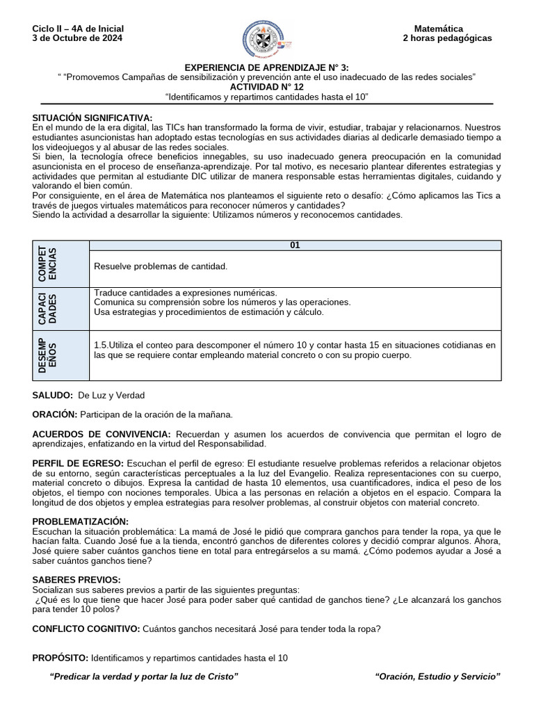 Actividad 12 MATEMATICA Inicial 2024 IIIB NAOMI | PDF | Aprendizaje | Metacognición