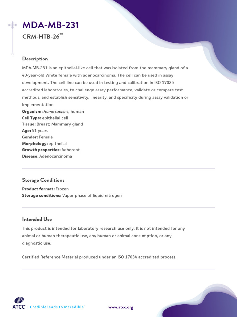 CRM-HTB-26 Product Sheet - MDA-MB-231 | PDF | Atcc (Company) | Assay