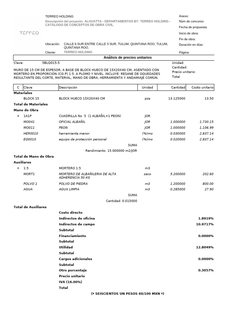 Block de 15 Precio Unitario | PDF