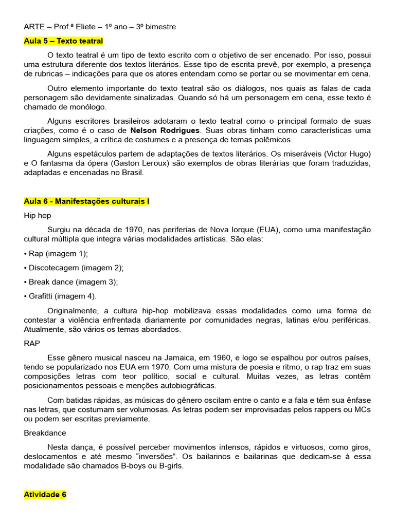 Aula 5 e 6 - Texto Teatral e Man Culturais l Atividade | PDF | Rap (gênero musical) | Música hip hop