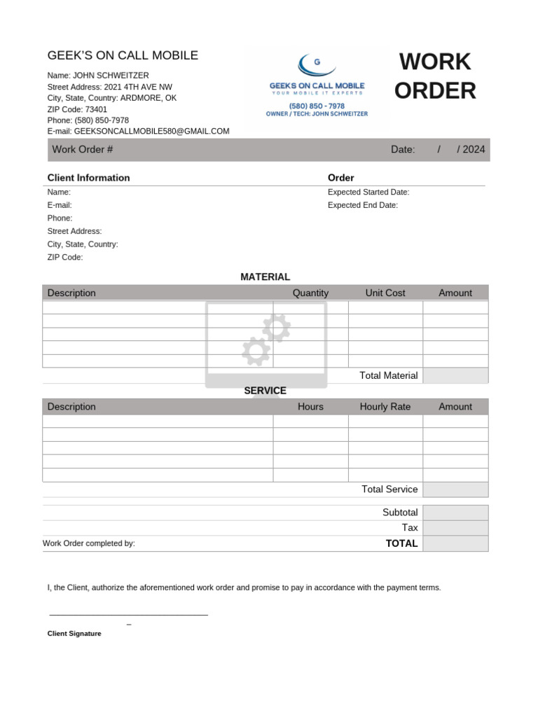 Computer Repair Work Order Template | PDF