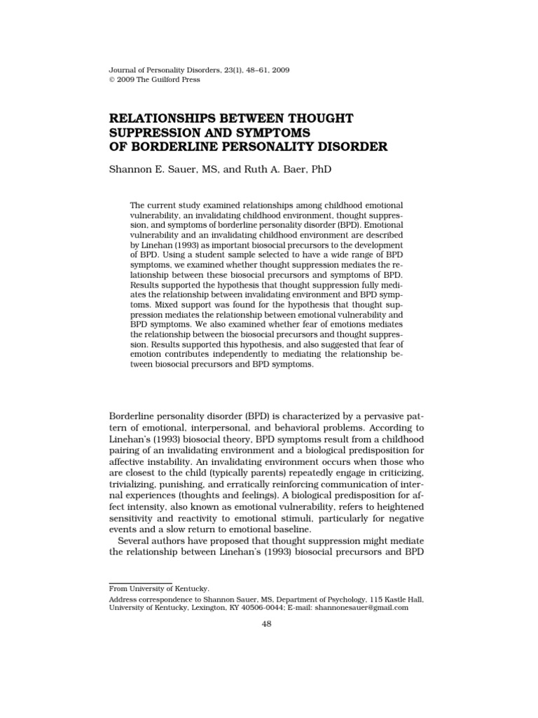 Relationships Between Thought Suppression and Symptoms of Borderline ...