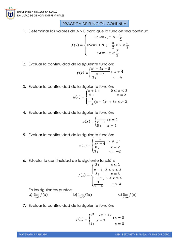 Semana 4 Funciã - N Continua | PDF | Matemáticas