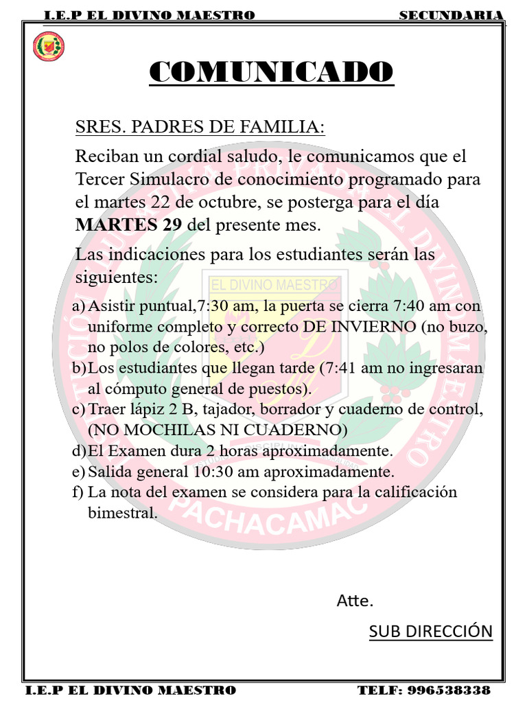 Comunicado Simulacro 2024 - Iii | PDF