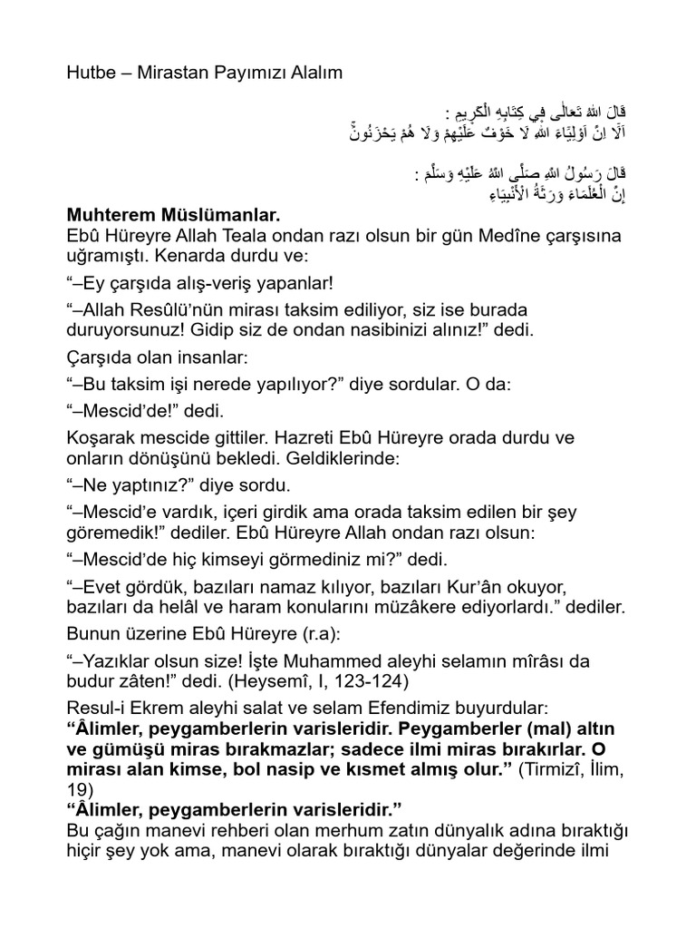 Hutbe - Mirastan Payımızı Alalım | PDF