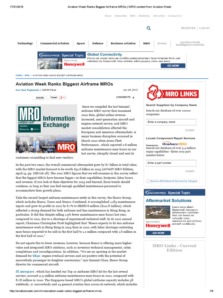 Aviation Week Ranks Biggest Airframe MROs - MRO Content From Aviation ...