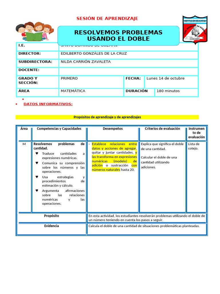 1 Lunes 14 - Mat Resolvemos Problemas Usando El Doble | PDF | Evaluación