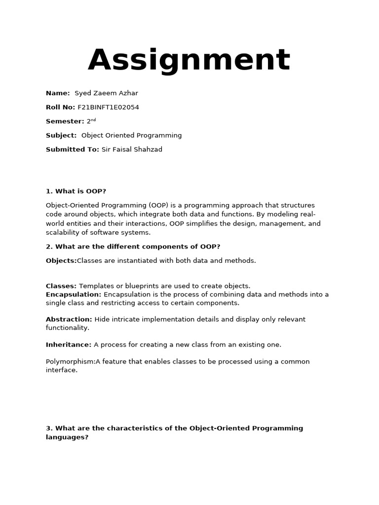 OOP Assignment SyedZaeemAzharF21BINFT1E02054 | PDF | Class (Computer Programming) | Inheritance ...