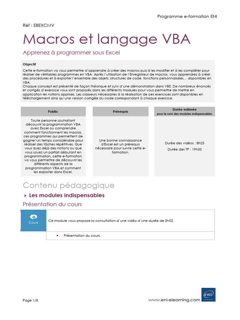 Formation VBA Excel : Macros et Programmation | PDF | Microsoft Excel | Visual Basic for ...
