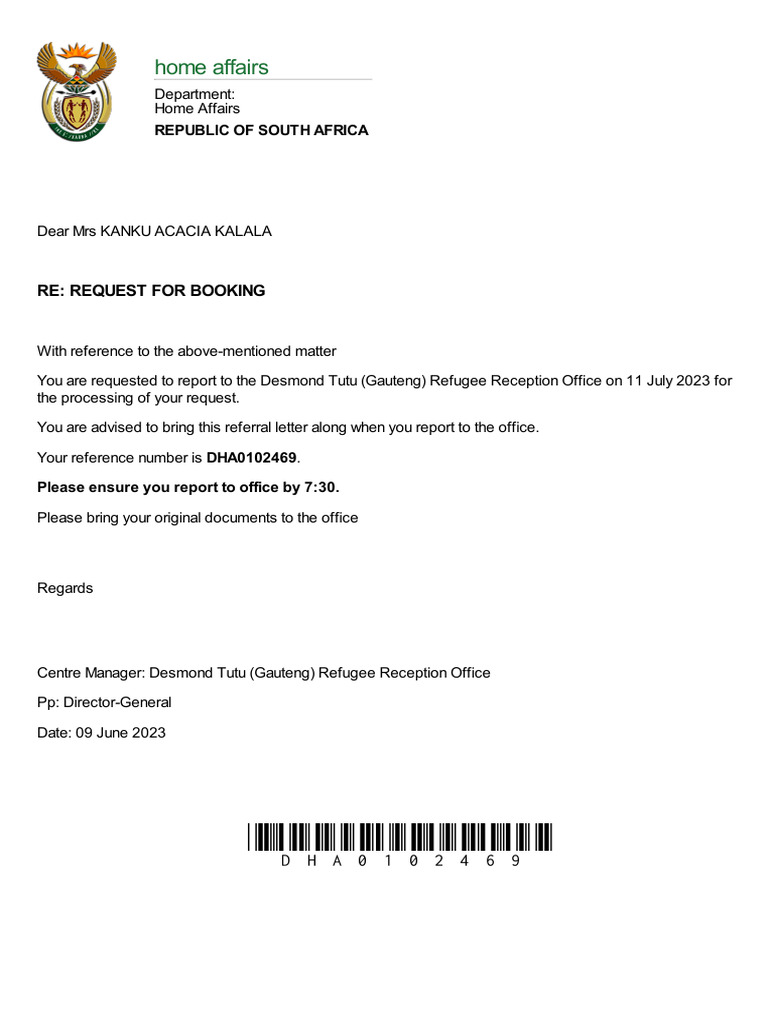 Booking Request for Refugee Reception | PDF