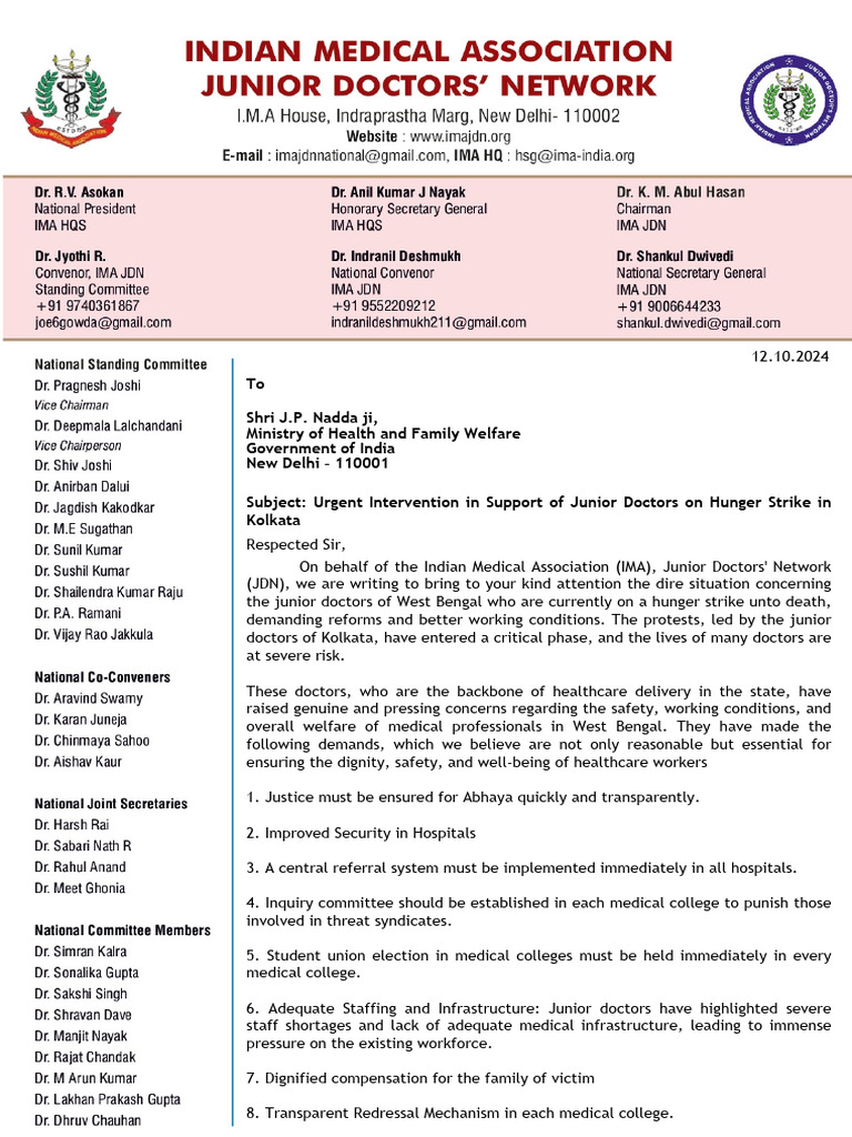 IMA JDN Hunger Strike - JP Nadda Sir Letter 12.10.2024 | PDF | Strike Action