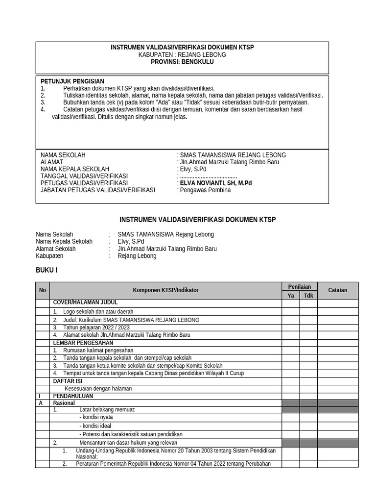 Instrumen Validasi KTSP 2022 | PDF