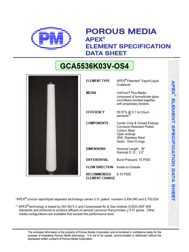 GCA5536K03V-OS4 Filter Element Data Sheet | PDF | Materials | Gases