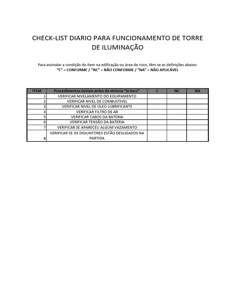 Check List Diario Torre de Iluminação | PDF