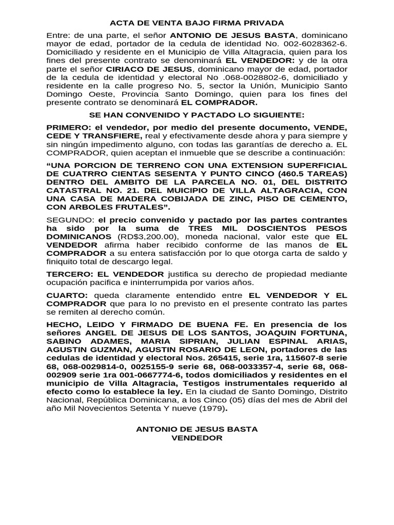 Acta de Venta Bajo Firma Privada Antonio de Jesus | PDF | República ...