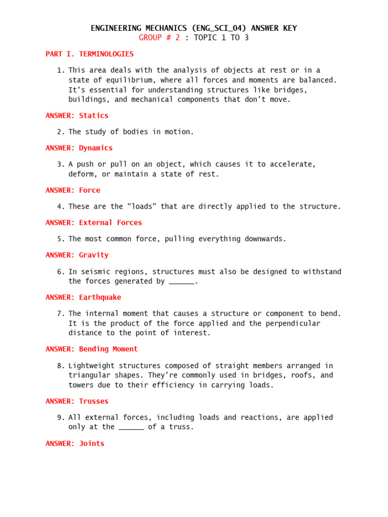 g02 Eng Mech Answer Key | PDF | Force | Friction