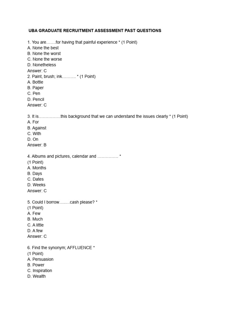 FREE UBA TEST PAST QUESTIONS | PDF FREE UBA TEST PAST QUESTIONS | PDF