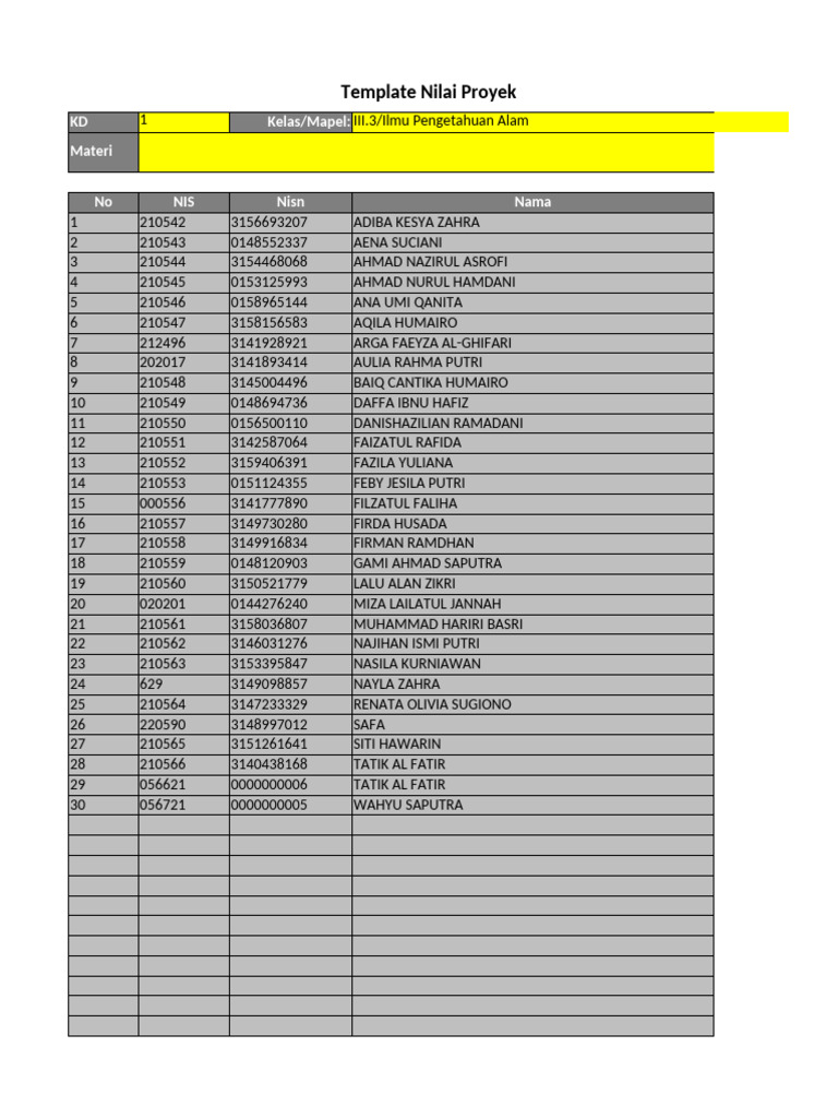Template Nilai Proyek Ilmu Pengetahuan | PDF