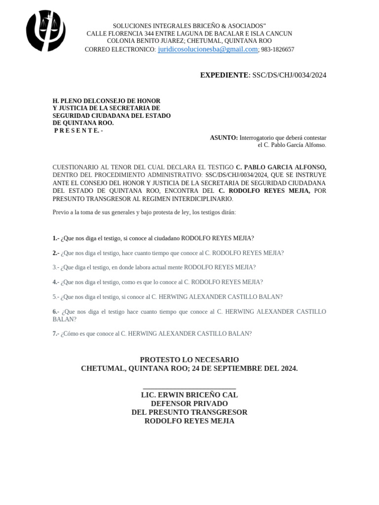 Preguntas Testigo Pablo Garcia Alfonso CHYJ Secretaria de Seguridad ...