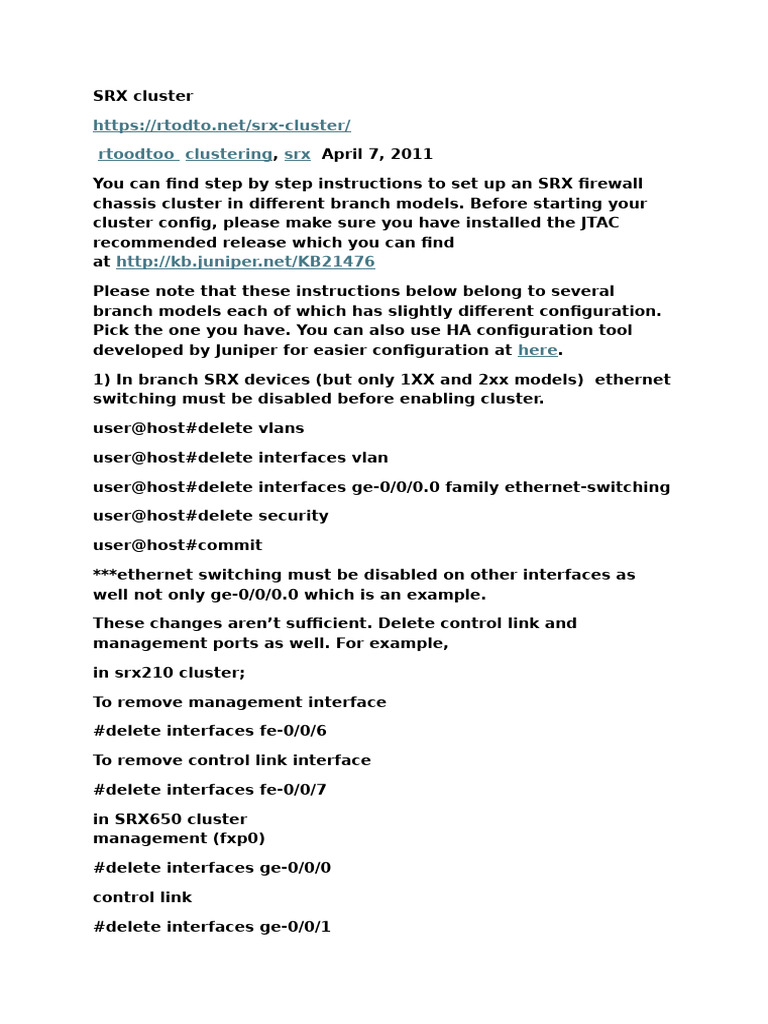 SRX Firewall Chassis Cluster Setup | PDF | Computer Cluster ...