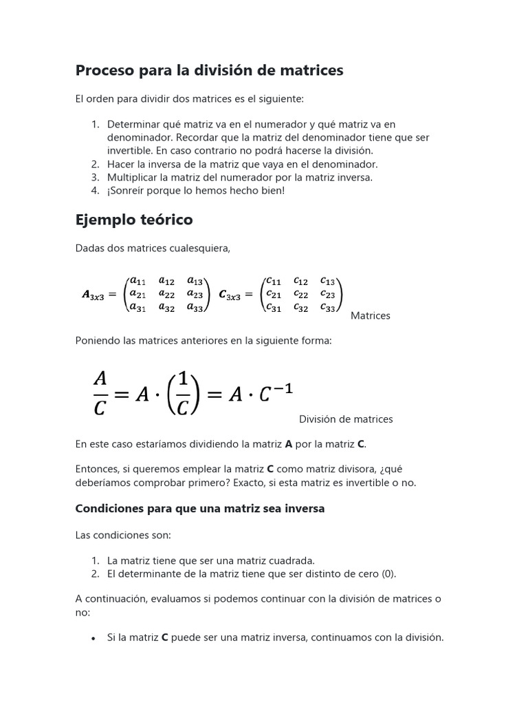 División de Matrices y Números | PDF | División (Matemáticas) | Matriz ...
