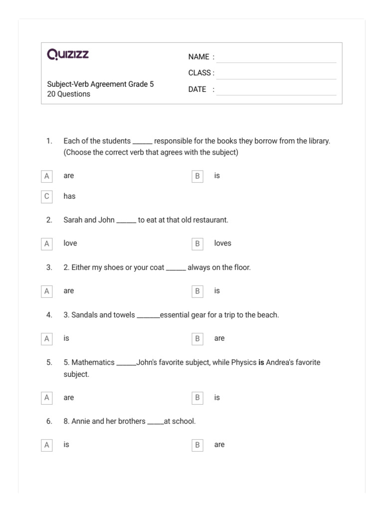 Quizizz - Subject-Verb Agreement Grade 5 | PDF