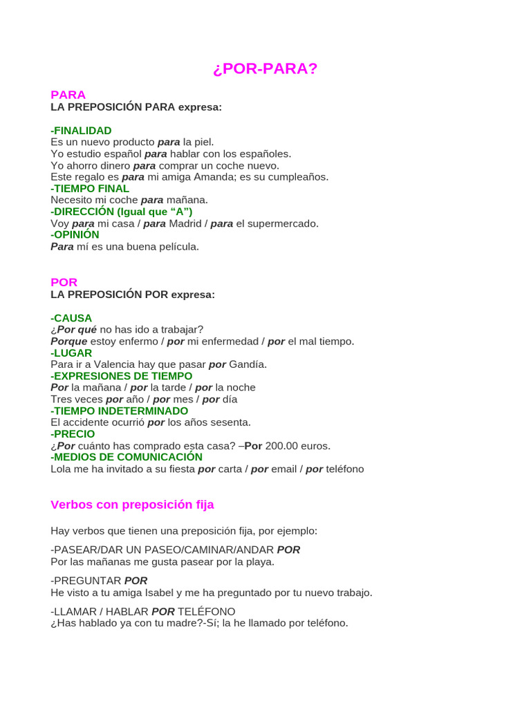 Uso de "por" y "para" en español | PDF