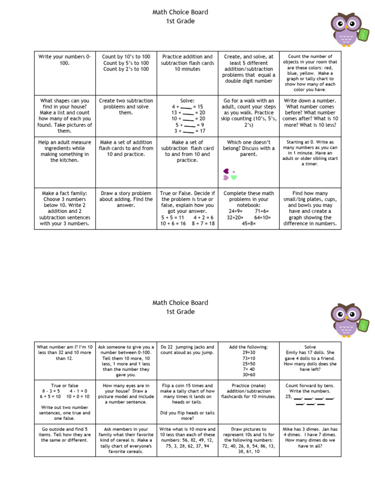 1st Grade Math Choice Board | PDF | Mathematics