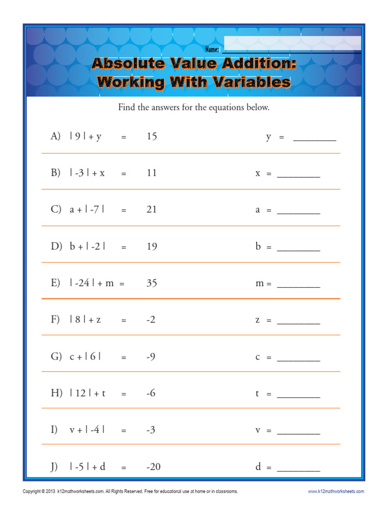 Absolute Value Addition Working With Variables | PDF | Mathematics ...