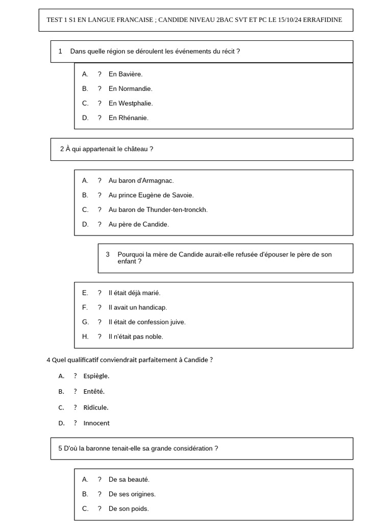 Quiz Candide pour 2BAC SVT et PC | PDF
