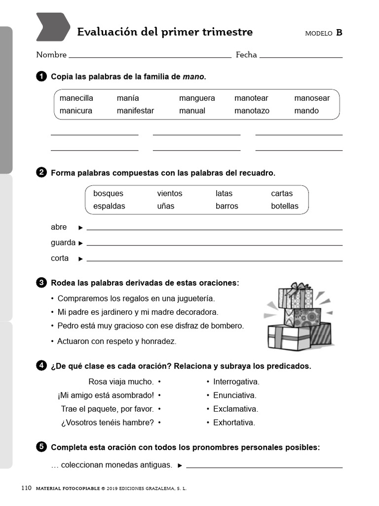 Evaluación Lengua 4º Primaria 1º Trimestre Santillana | PDF | Verbo ...