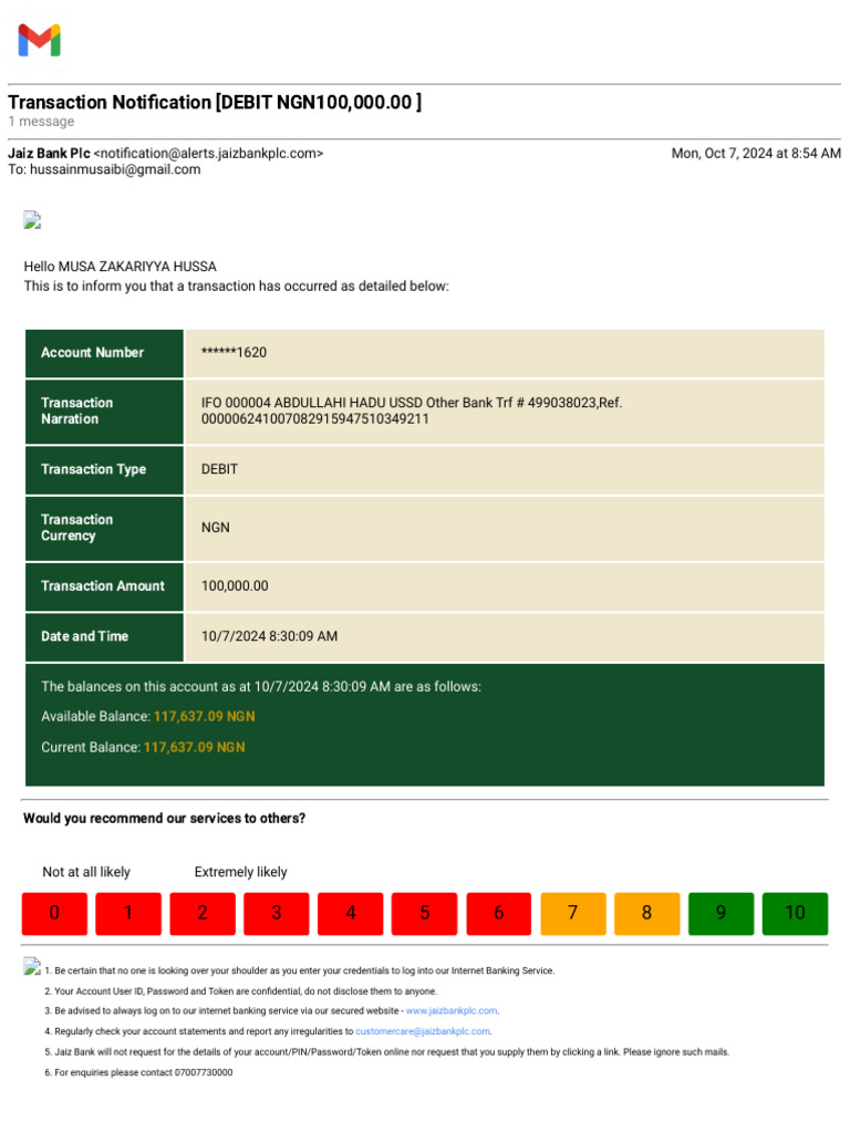 Gmail - Transaction Notification [DEBIT NGN100,000.00 ] | PDF