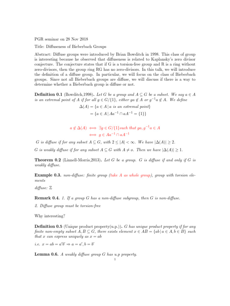 PGR seminar - diffuseness of bieb group | PDF | Mathematical Physics | Geometry