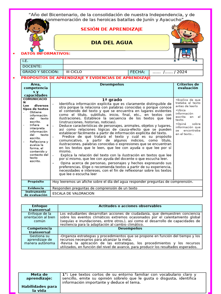 1º U1 S2 Sesion D3 Com Dia Del Agua | PDF | Aprendizaje | Evaluación