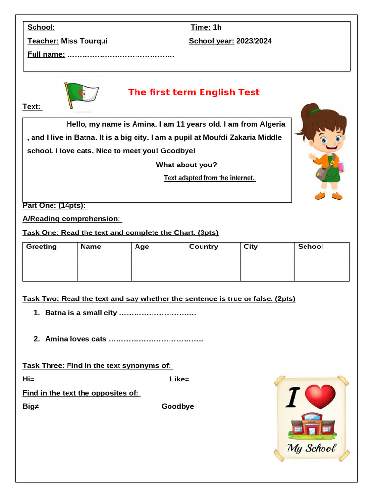First Term English Test for Students | PDF | Human Communication ...
