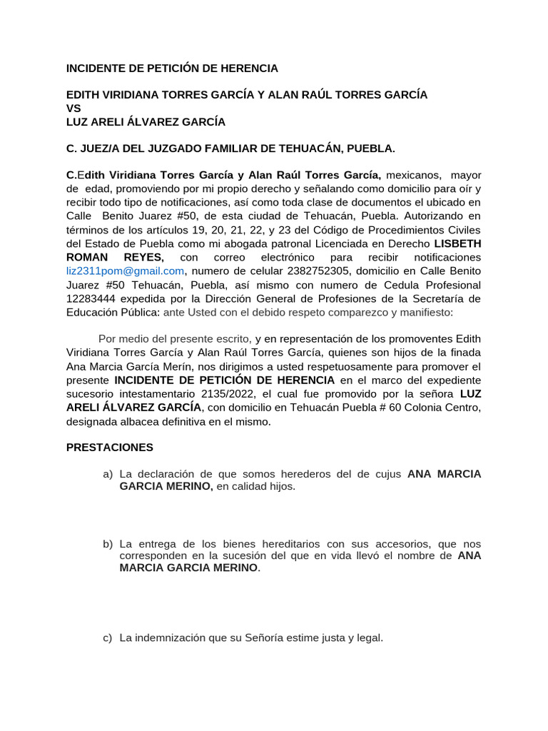 Incidente de Petición de Herencia | PDF | Ley procesal | Demanda judicial