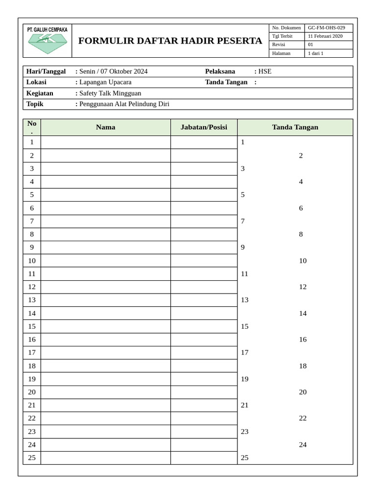 Formulir Daftar Hadir Peserta Safety Talk | PDF