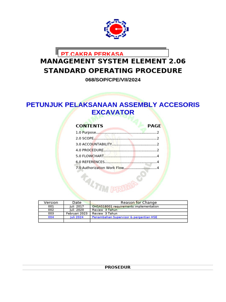SOP 068 - Pekerjaan Assembly Accesoris Exavator | PDF