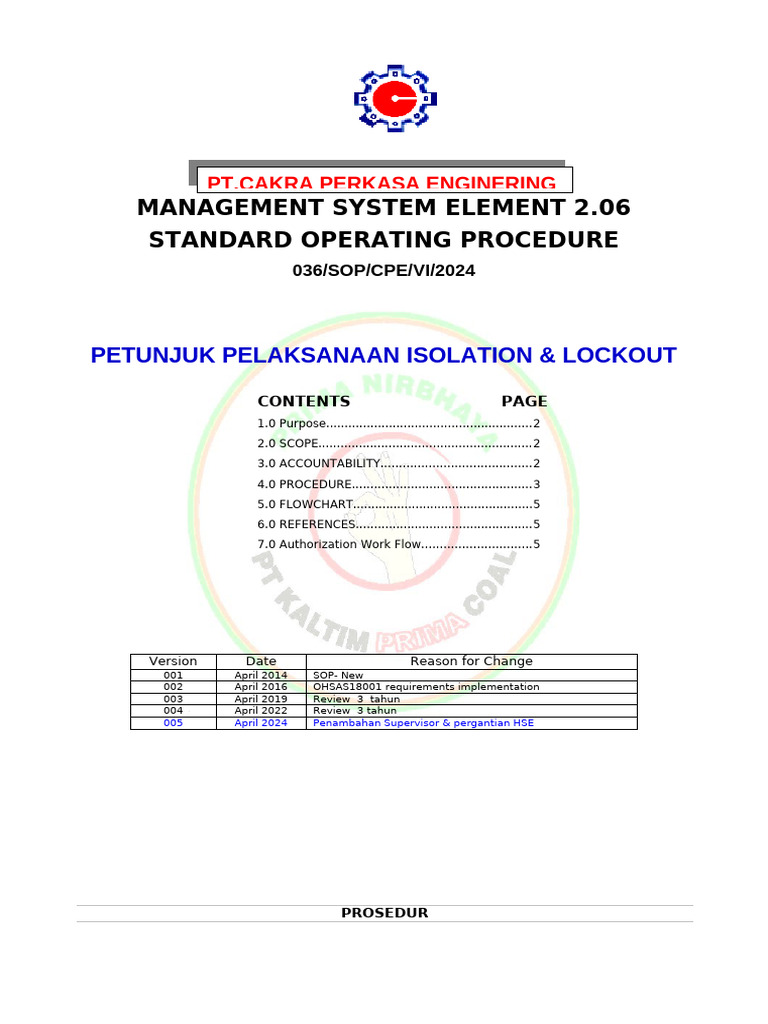 SOP 036 - Prosedur Isolasi Lock Out | PDF | Teknologi & Rekayasa