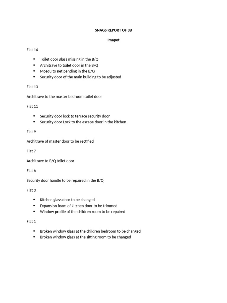 SNAGS REPORT OF 3B | PDF | Toilet | Shower