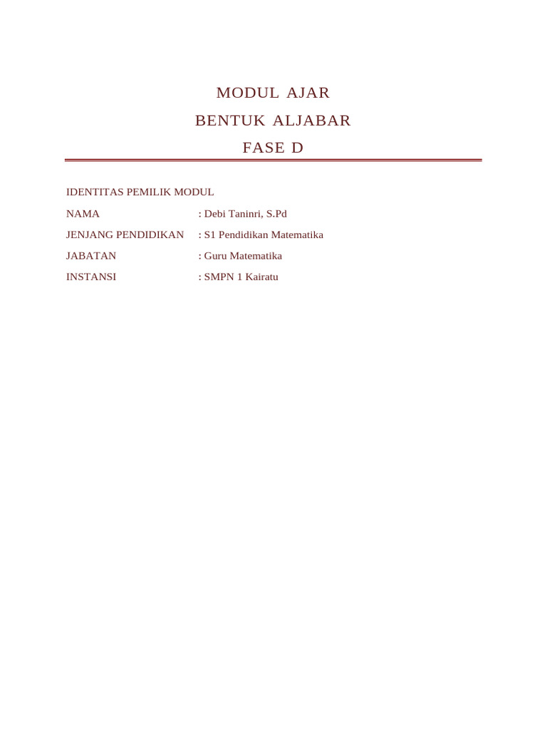 Modul Ajar Matematika - Modul Ajar - Bentuk Aljabar Fase D - Fase D | PDF | Seni & Disiplin ...