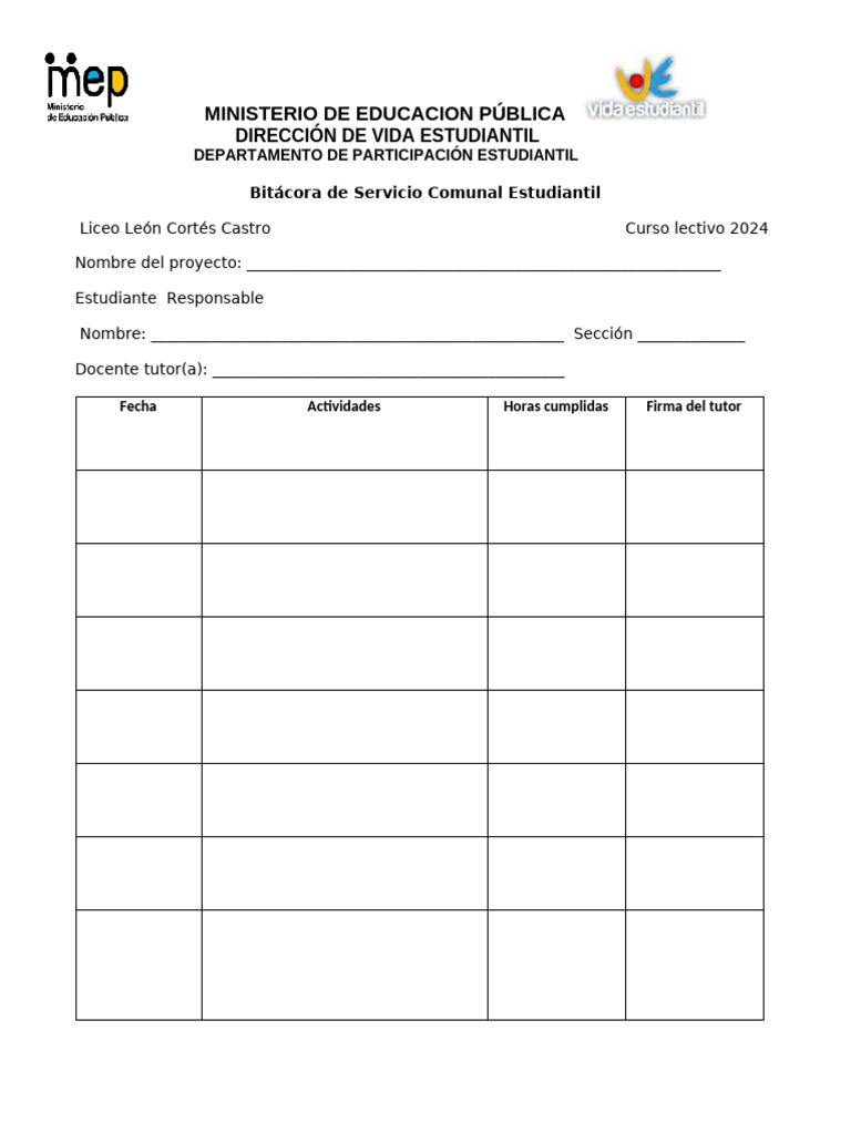 Bitácora de Servicio Comunal Estudiantil | PDF