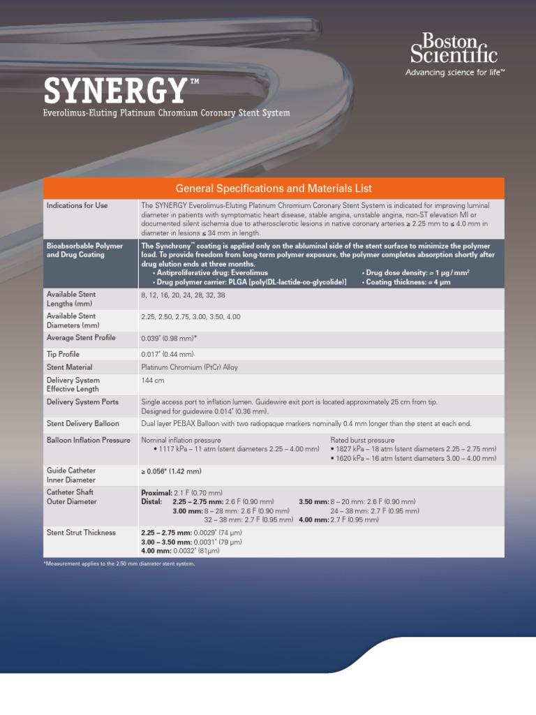 SYNERGY Product Spec Sheet | PDF | Stent | Clinical Medicine